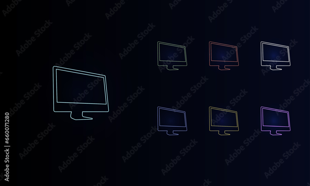 A set of neon monoblock symbols. Set of different color symbols, faint ...