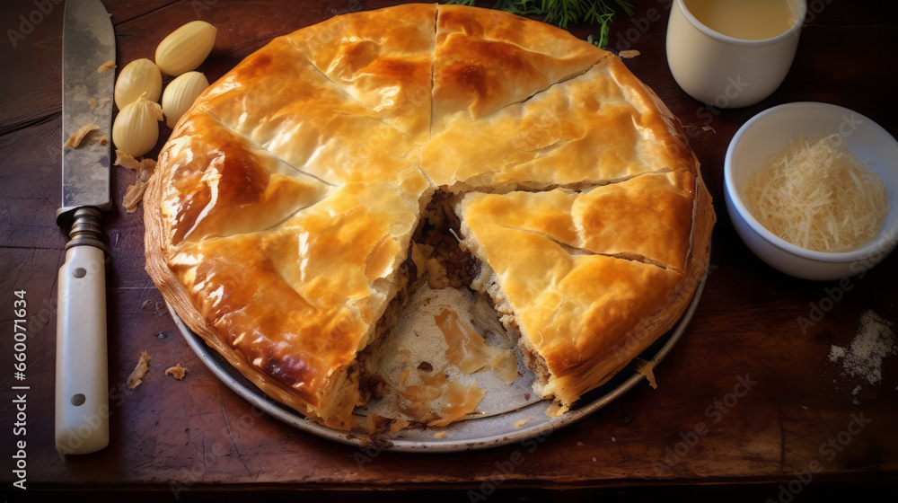 Burek, minced beef-filled pastry phyllo dough. Traditional food ina ...