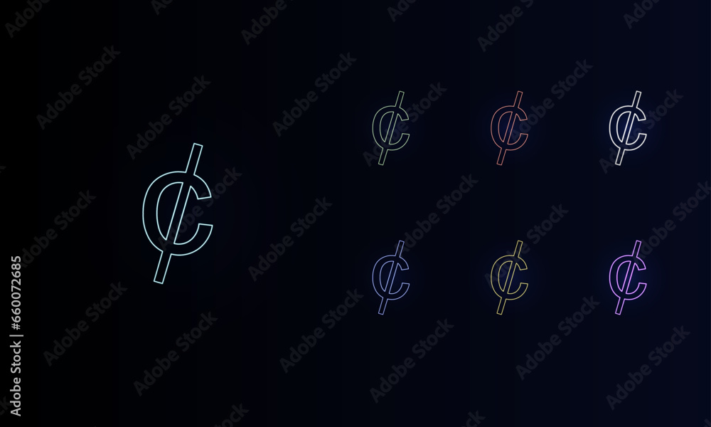 A set of neon cent symbols. Set of different color symbols, faint neon ...