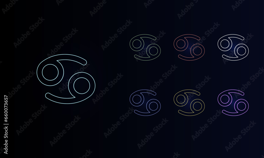 A set of neon cancer zodiac symbols. Set of different color symbols ...