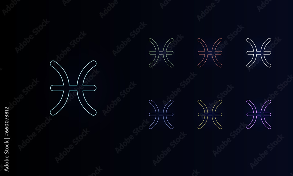 A set of neon zodiac pisces symbols. Set of different color symbols ...