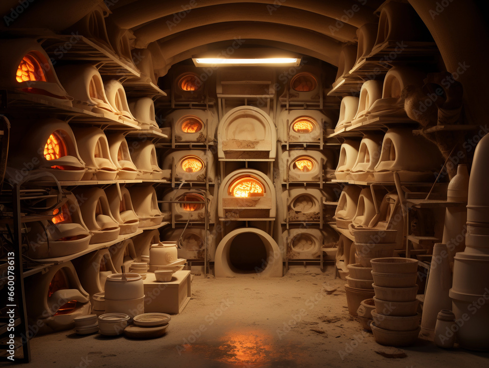 kiln chamber, showing the glow of heating elements and ceramic ...