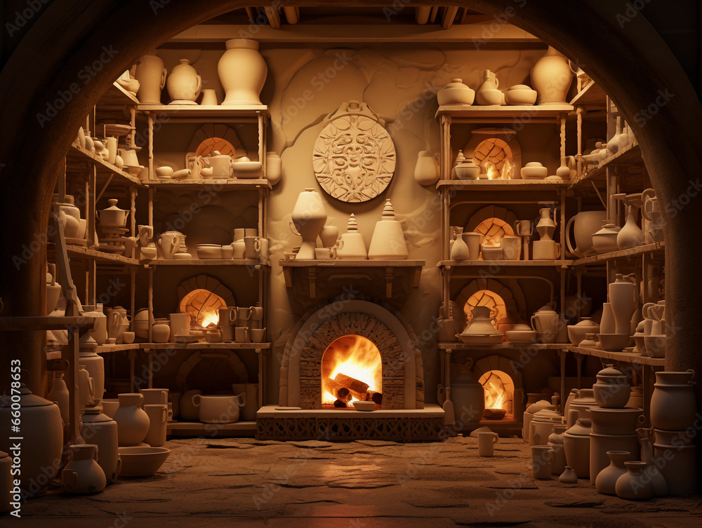 kiln chamber, showing the glow of heating elements and ceramic ...