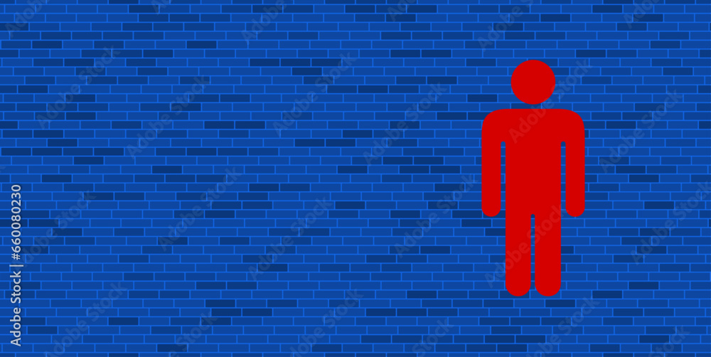 Blue Brick Wall with large red man symbol. The symbol is located on the ...