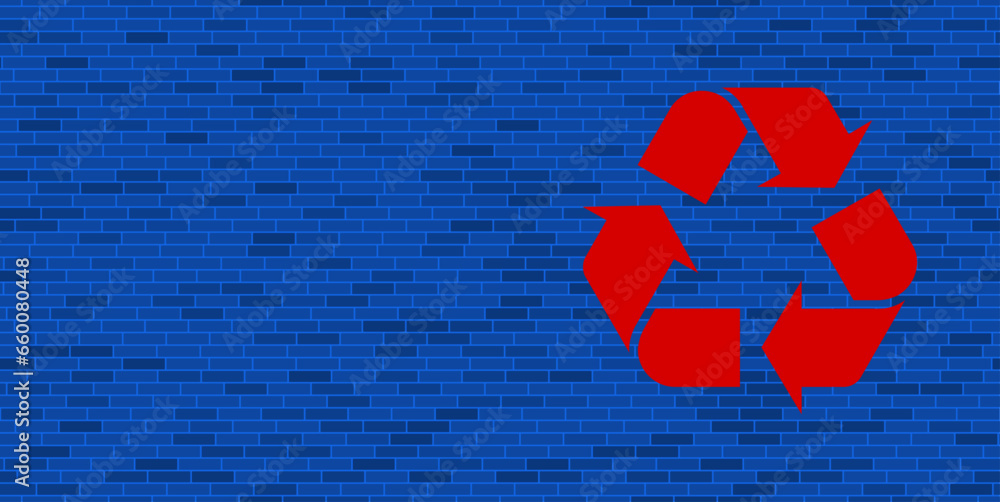 Blue Brick Wall with large red recycling symbol. The symbol is located ...