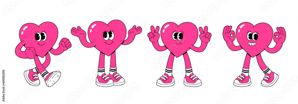 Cartoon heart characters. Cute love symbols with faces different poses ...