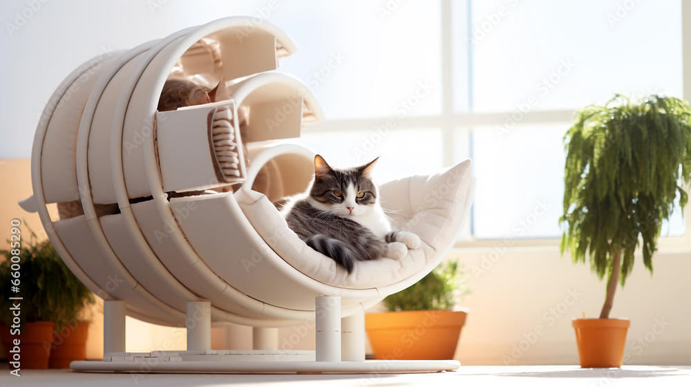 Capture the comforting relaxation of a cat in its cat condo in this ...