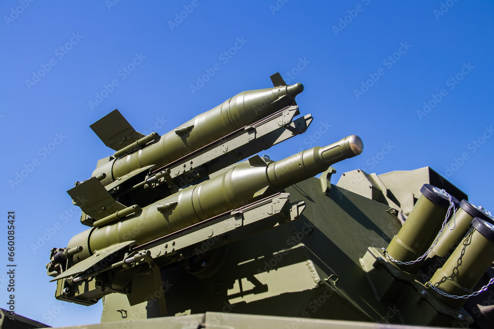 Modern sophisticated air defense missile system and rockets on self ...