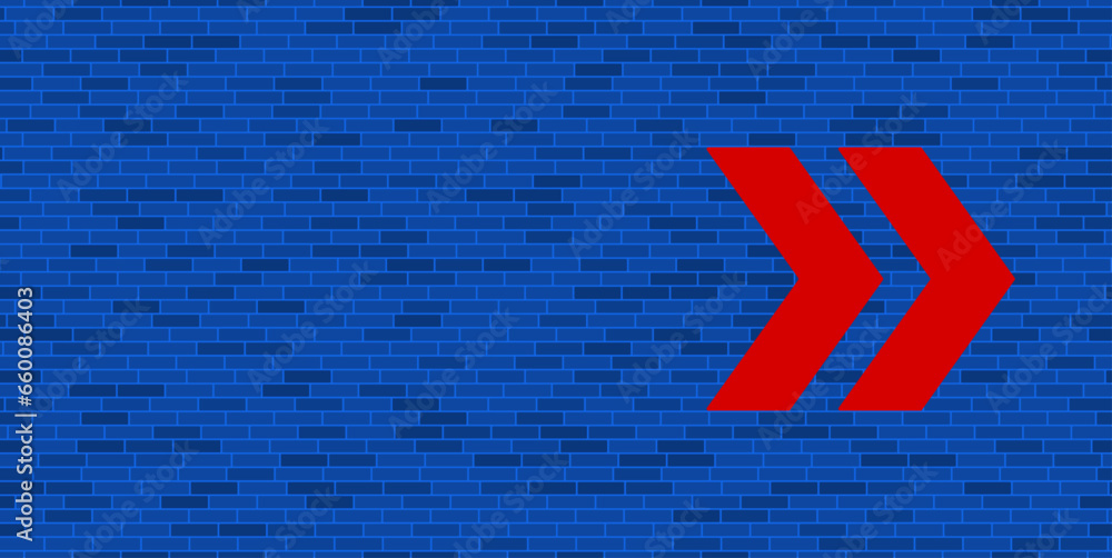 Blue Brick Wall with large red double arrow symbol. The symbol is ...
