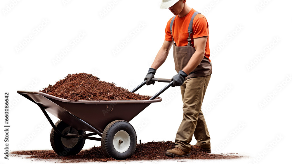 Witness a landscaper efficiently using a wheelbarrow to transport mulch ...