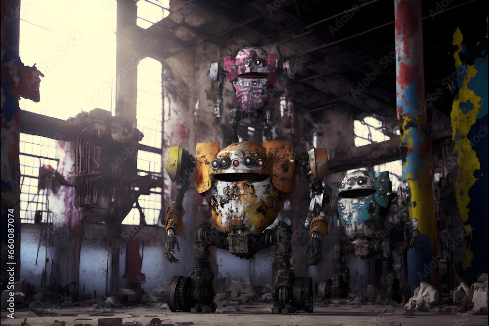 group of maschinen krieger mech robots covered with graffiti standing ...