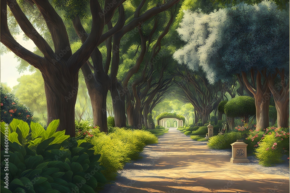 horizontal row of trees along the path in sumptuous garden linear ...