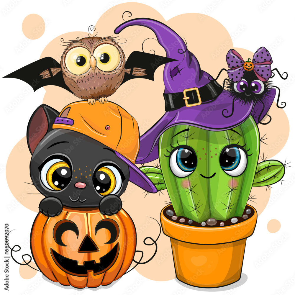 Cute Cartoon Cactus and black cat Stock Vector | Adobe Stock