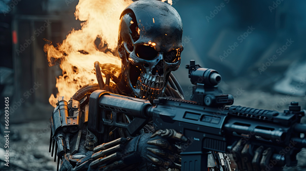 Damaged metal skeleton robot, without human shell, humanoid with ...