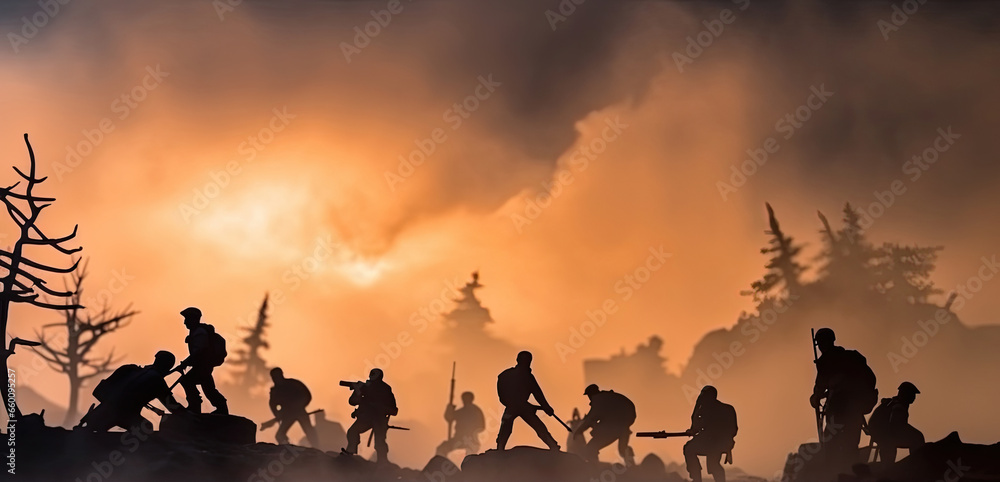 Battle scene. Military silhouettes fighting scene on war fog sky ...