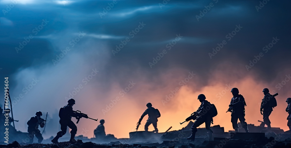 Battle scene. Military silhouettes fighting scene on war fog sky ...