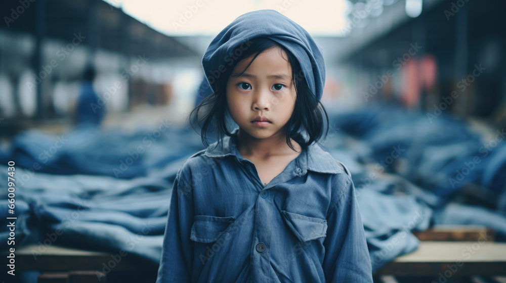 Small Asian girl's portrait with blurred textile factory background ...