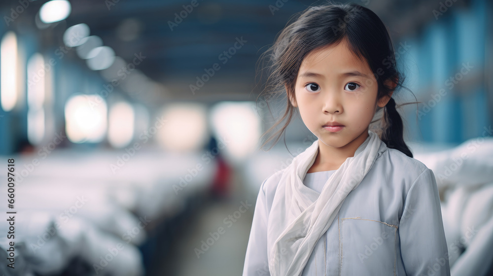 Small Asian girl's portrait with blurred textile factory background ...