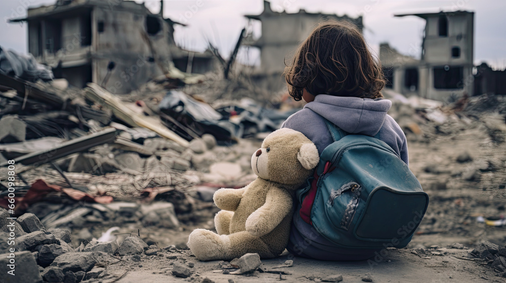 Innocence Amidst the Ruins, Embracing Children in War Torn Debris Stock ...
