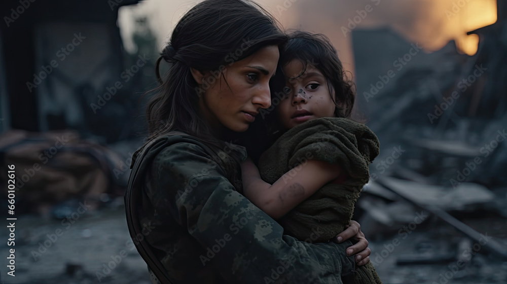 Soldier holds a child refugee little girl sad from being forced to flee ...