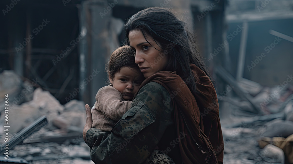 Soldier holds a child refugee little girl sad from being forced to flee ...