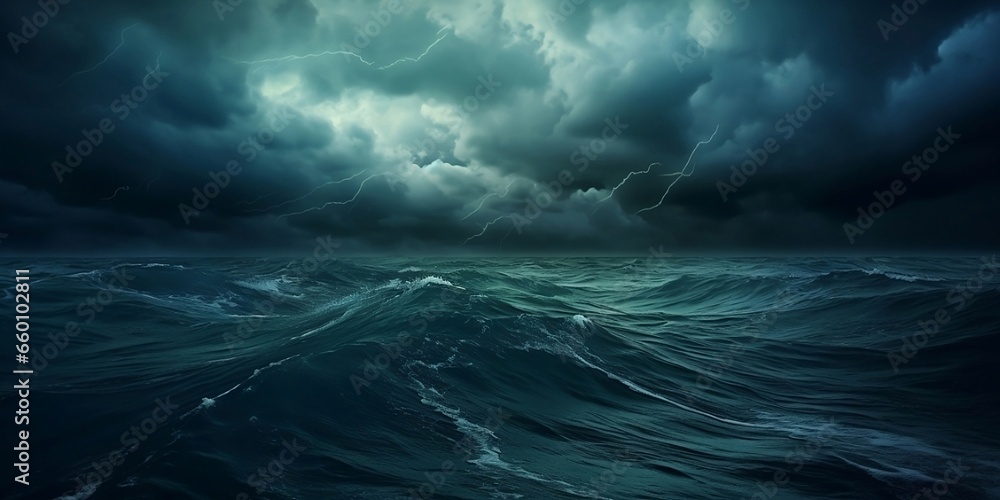 Horror black blue sky, sea haunted cloud, scary ocean, depression ...