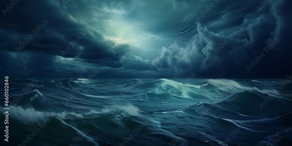 Horror black blue sky, sea haunted cloud, scary ocean, depression ...