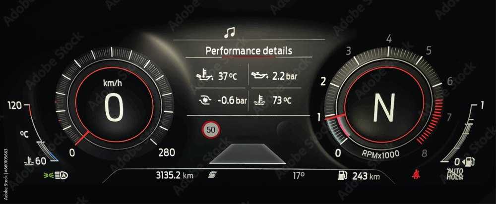 Car dashboard panel with speedometer, odometer, tachometer, fuel gauge ...
