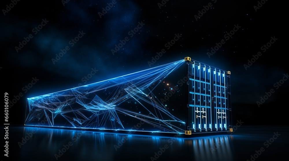 Polygonal 3d cargo container in dark blue background. Online cargo ...