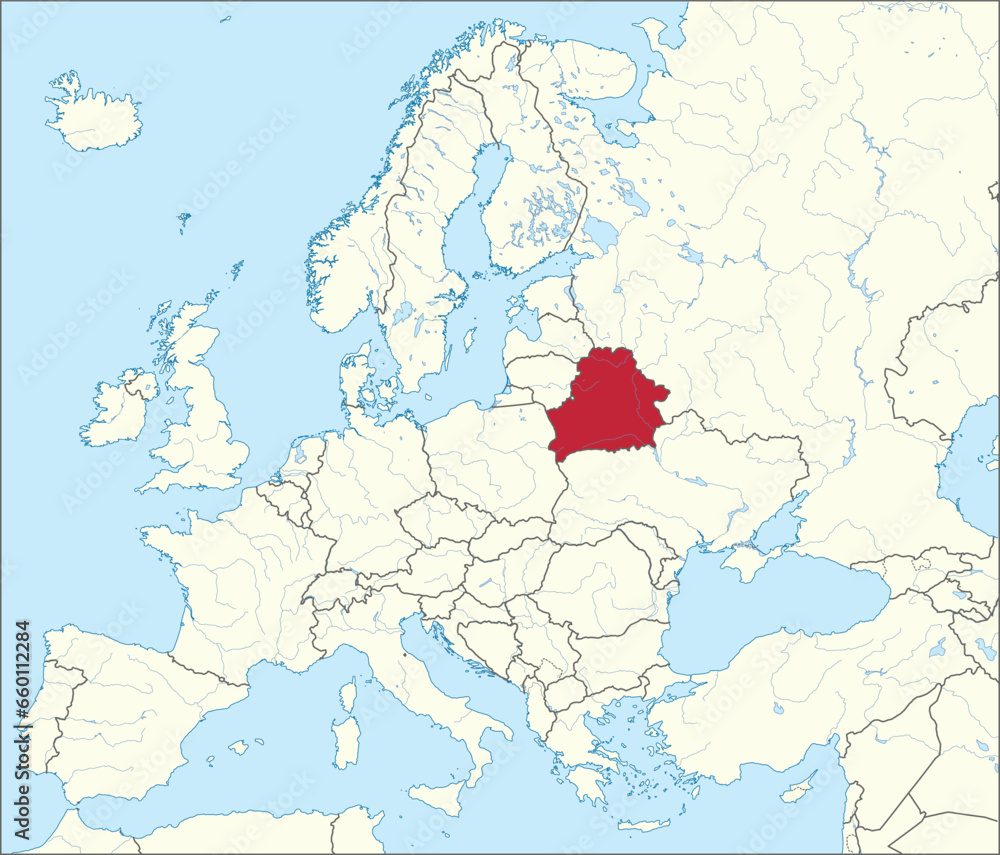 Red CMYK national map of BELARUS inside detailed beige blank political ...