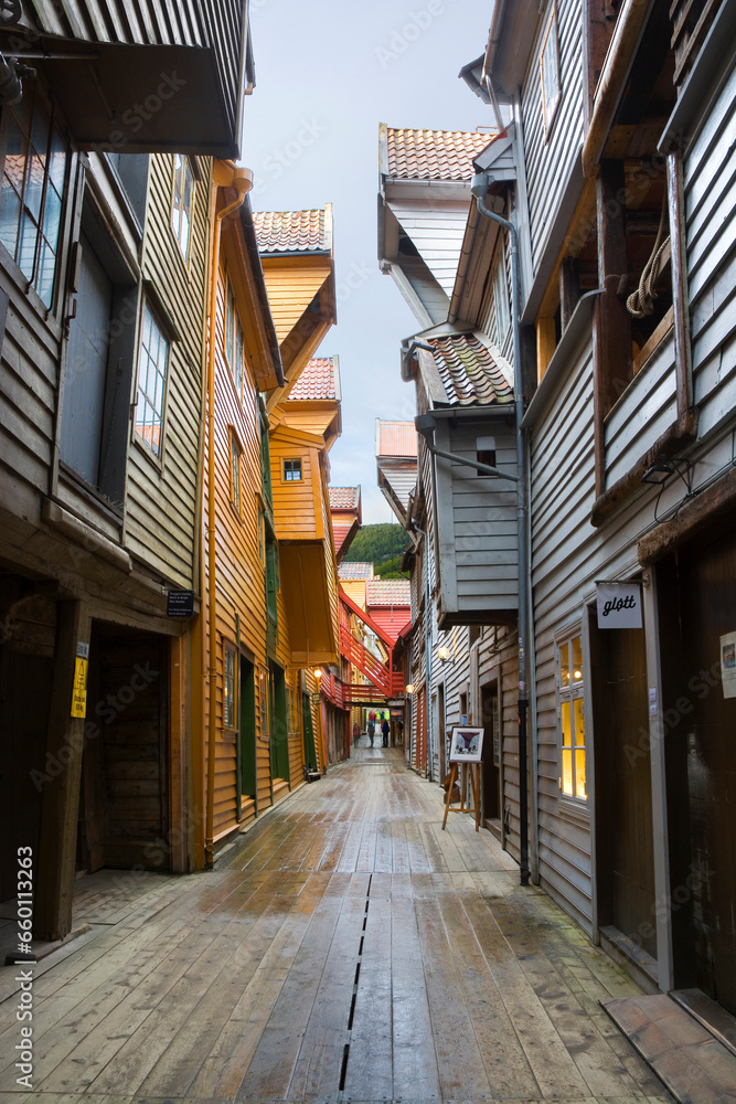 Hanseatic buildings of Bryggen - historic harbour district in Bergen ...
