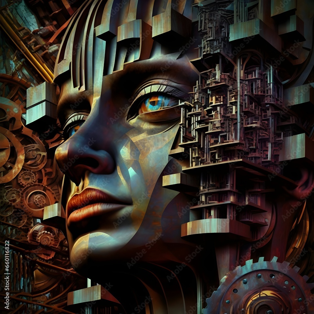 a complex engineering of a Brutalist human face rich colors sharp photo ...