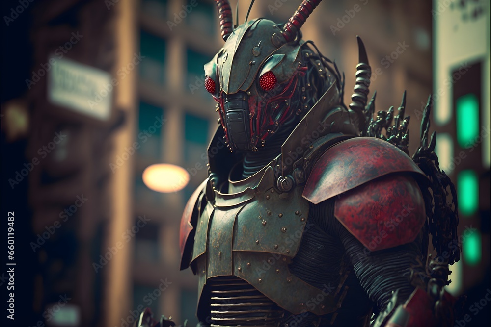 1980s hybrid of a human and grasshopper wearing armor with dark body ...