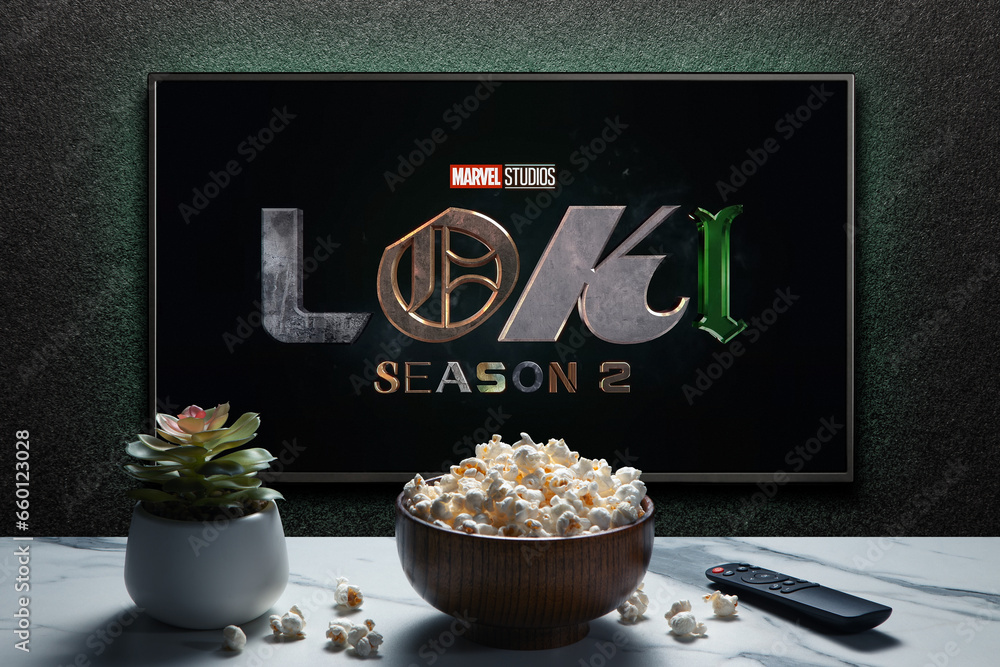 American television series Loki trailer or movie on TV screen. TV with ...