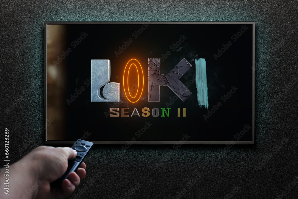 American television series Loki trailer or movie on TV screen. Man ...
