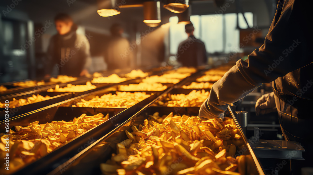 Conveyor line for the production of potato chips. The worker performs ...