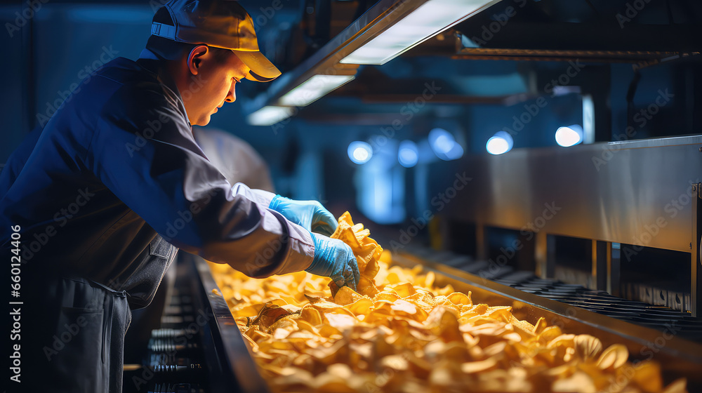 Conveyor line for the production of potato chips. The worker performs ...