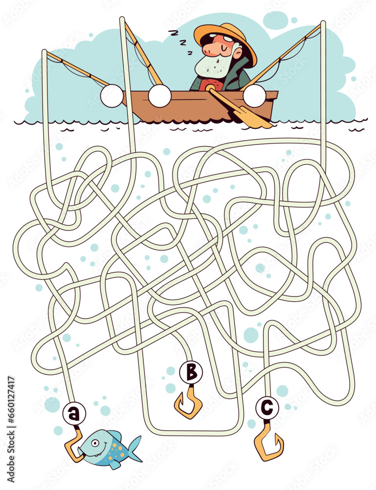 Elderly man fishing. Children logic game to pass the maze. Educational ...