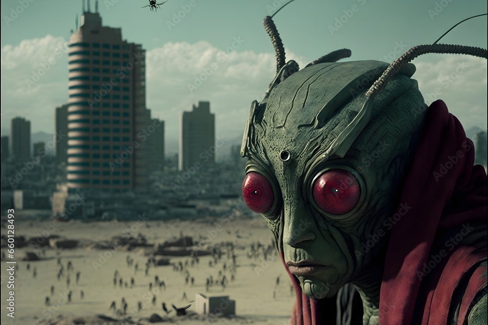 1980s hybrid of a human and grasshopper with dark body and bright red ...