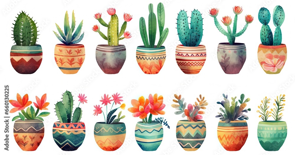 watercolor painting style illustration of cute boho cactus and ...