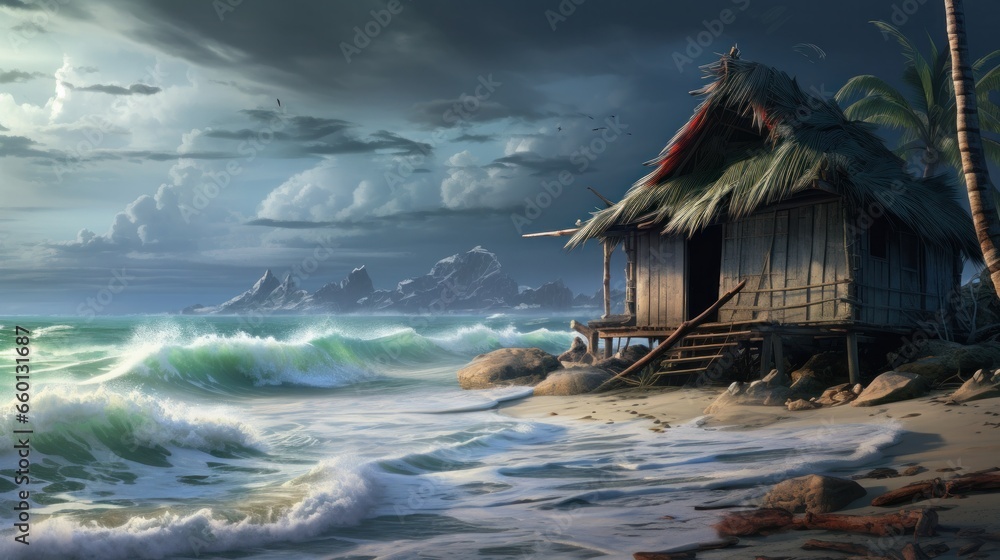 This scene portrays a Caribbean beach hut in the path of an approaching ...