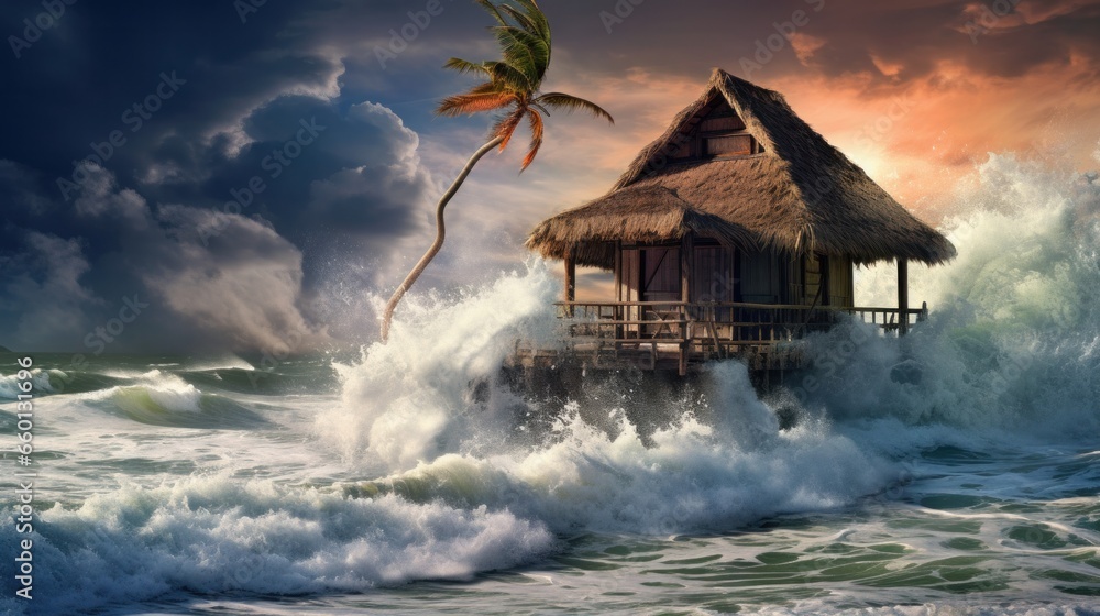 This scene portrays a Caribbean beach hut in the path of an approaching ...