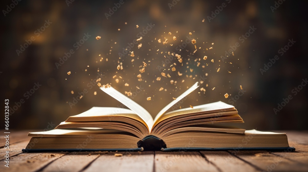 An open book rests on top of a stack of weathered old books, offering a ...