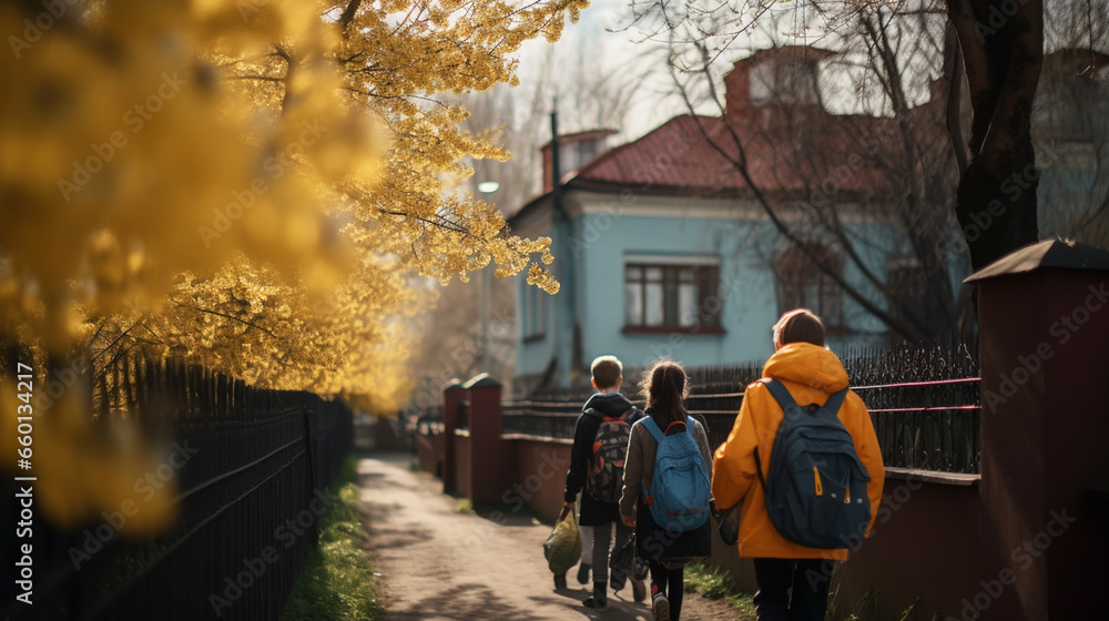 Little kids schoolchildren pupils students running hurrying to the ...