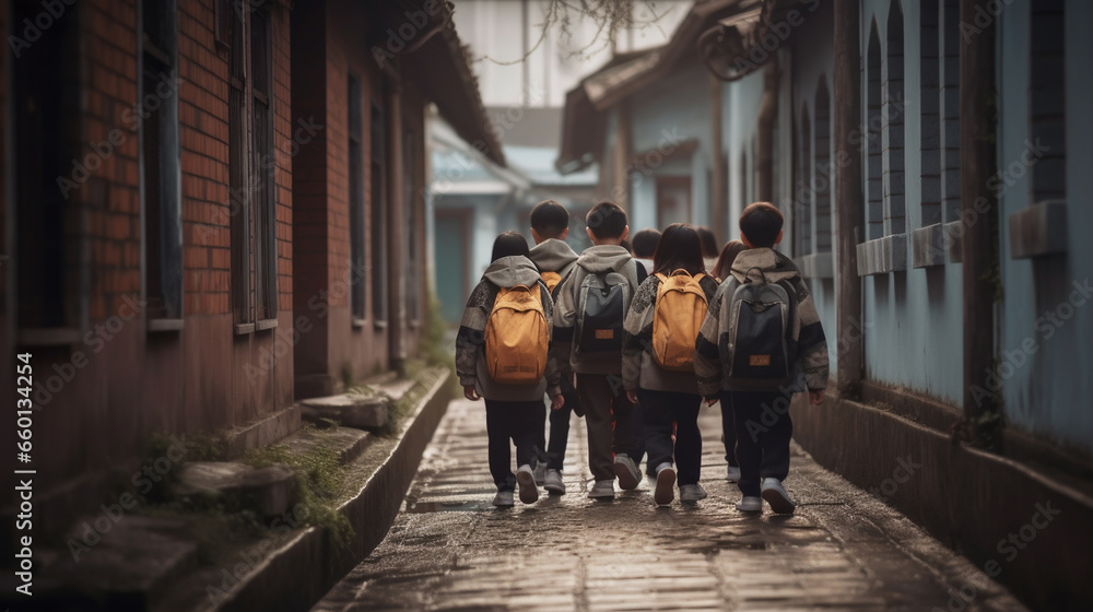 Little kids schoolchildren pupils students running hurrying to the ...