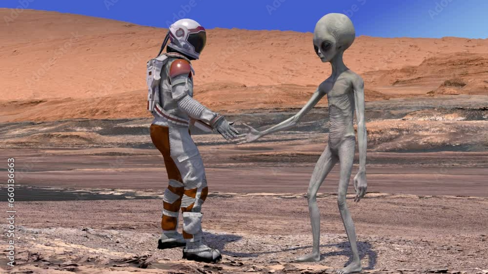 Astronaut meets a Martian alien on Mars and shakes his hand. First contact. Alien on Mars ...