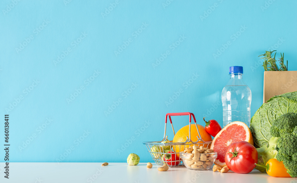Fresh produce market layout: side view table display of store basket ...