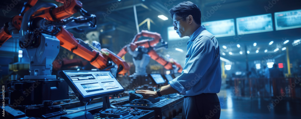 Engineer Manager Checking And Controling Automation Robot Arms Machine In Intelligent Factory