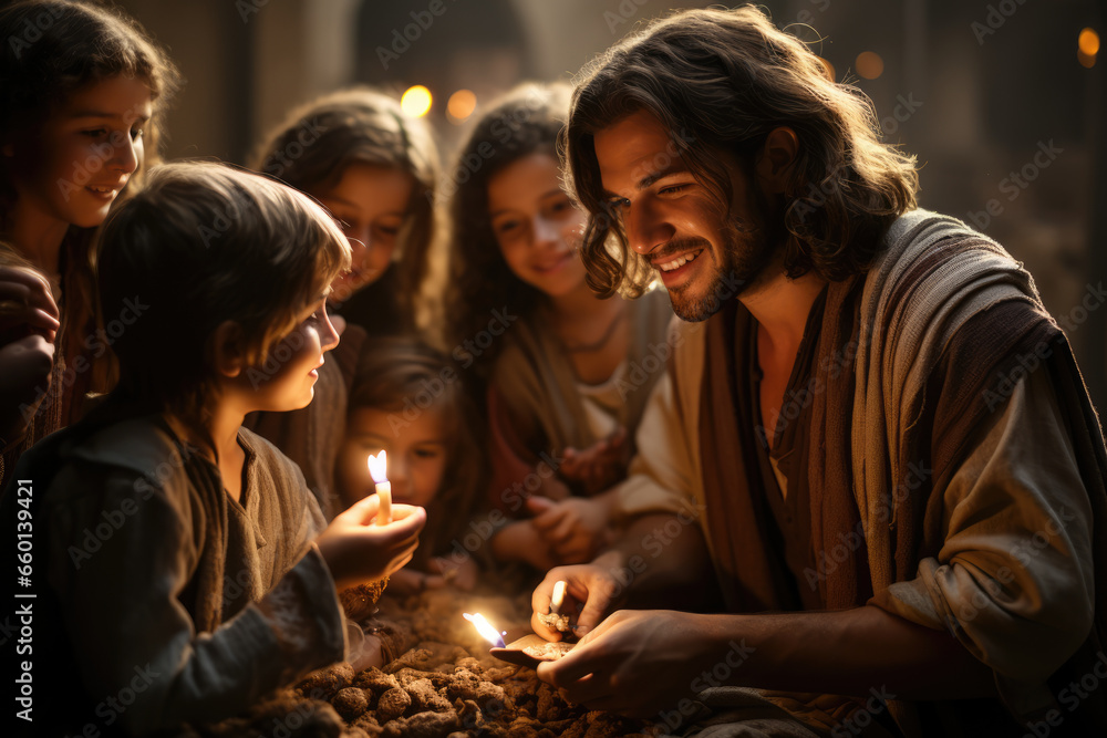 A family gathering around a nativity scene, portraying the birth of ...