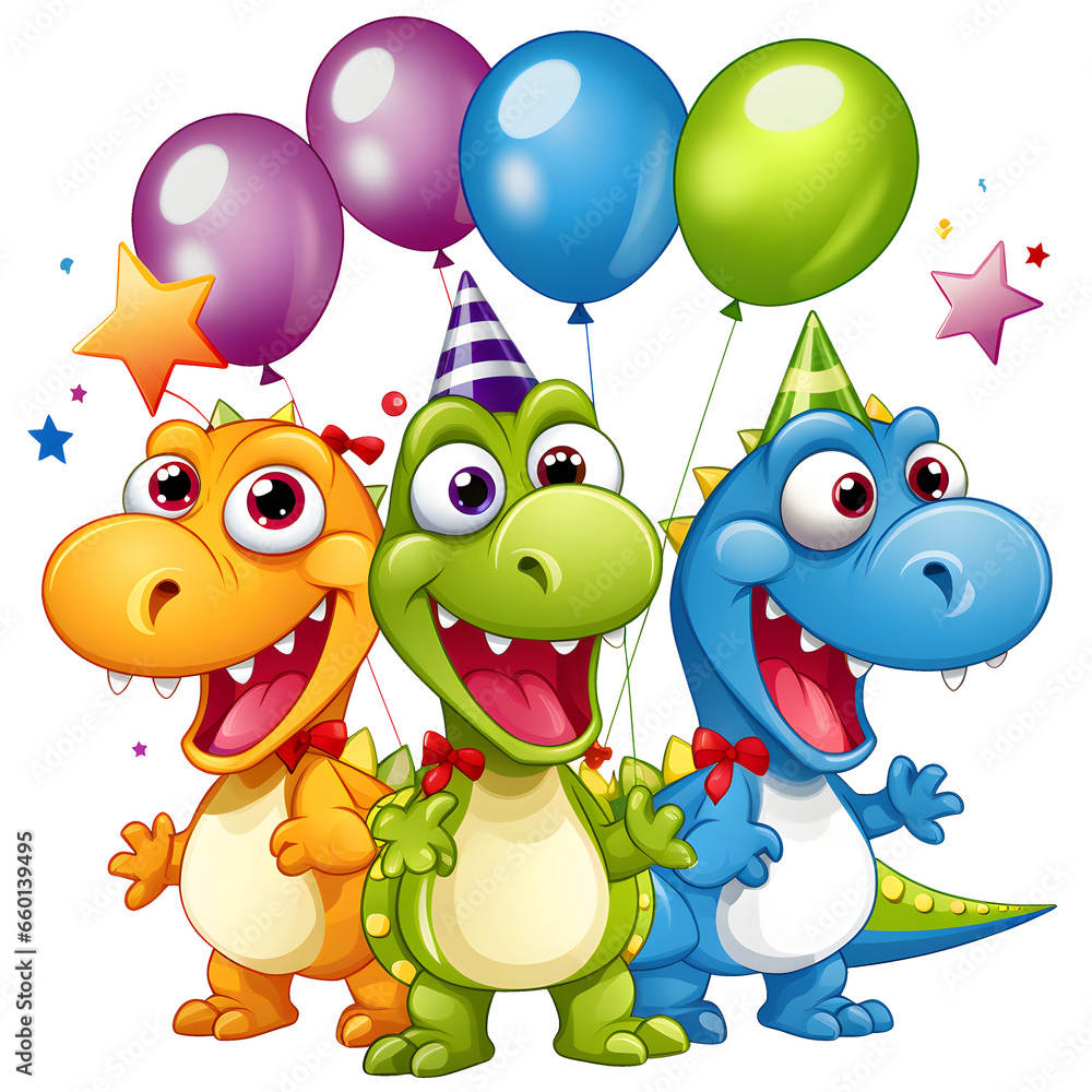 cartoon clipart of Cartoon dinosaurs with party hats and balloons ...